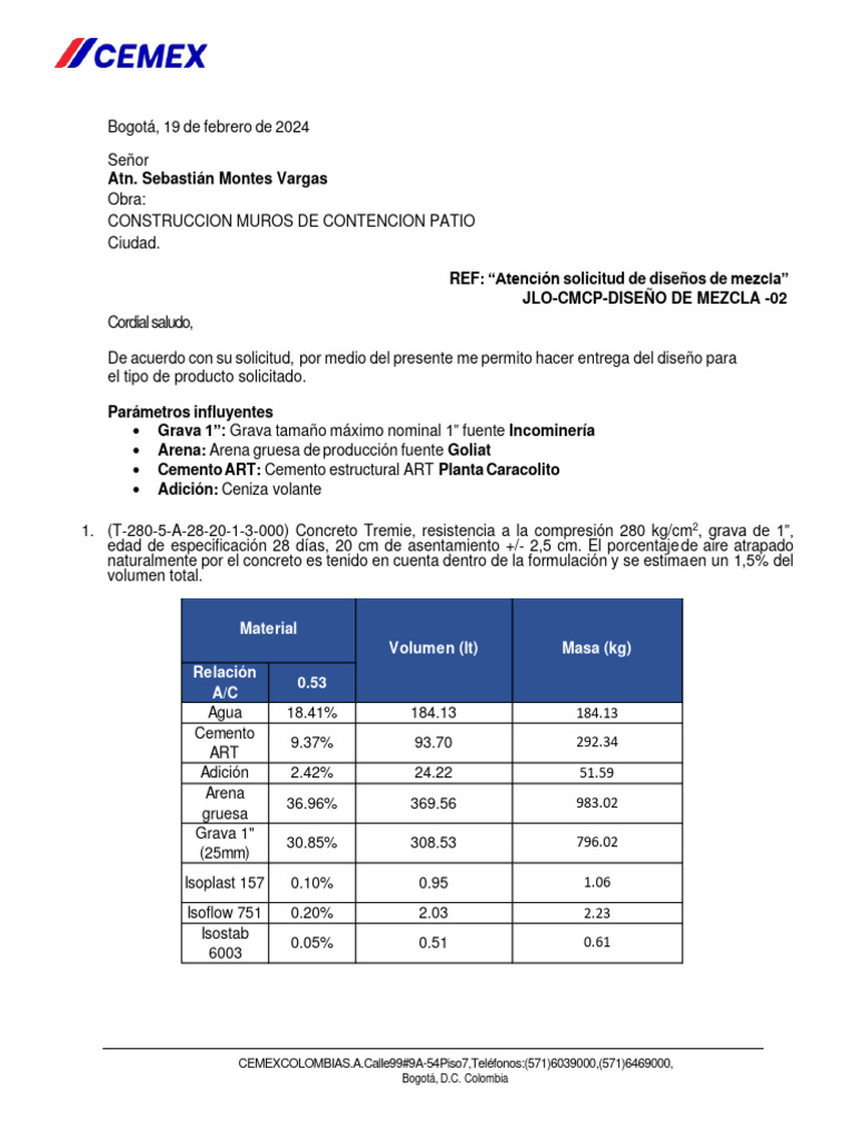 Diseño Mezcla - Concreto Tremie 4000 PSI | PDF | Hormigón | Materiales de construcción