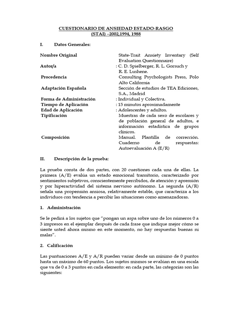 Ficha Técnica - Cuestionario de Ansiedad Estado Rasgo | PDF | Ansiedad ...