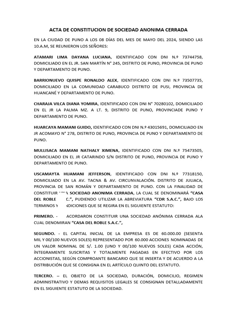 Acta de Constitucion de Sociedad Anonima Cerrada | PDF | Derecho