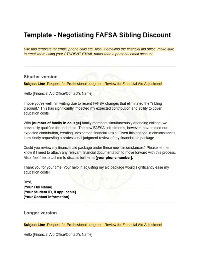 Request for FAFSA Sibling Discount Review | PDF | Student Financial Aid ...