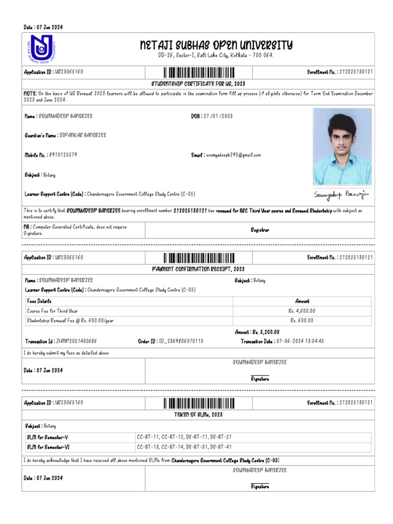 NSOU - UG Renewal - Studentship Certificate | PDF