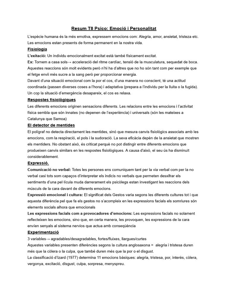 Resum T8 Psico: Emoció I Personalitat | PDF