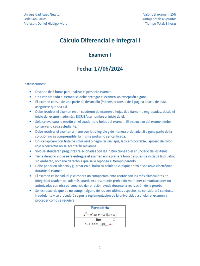 Examen 1 Cálculo 1 | PDF