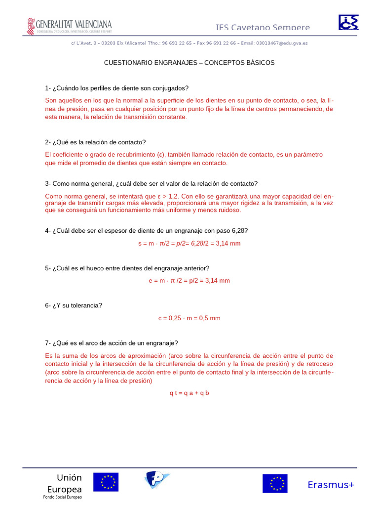 Soluciones Cuestionario ENGRANAJES - CONCEPTOS BÁSICOS | PDF | Engranaje | Física Aplicada e ...