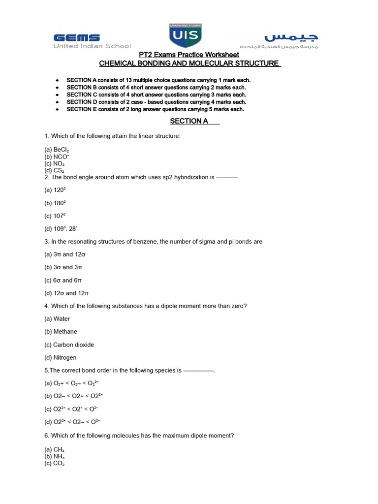Chemical Bonding Exam Practice Worksheet | PDF | Chemical Bond | Molecules