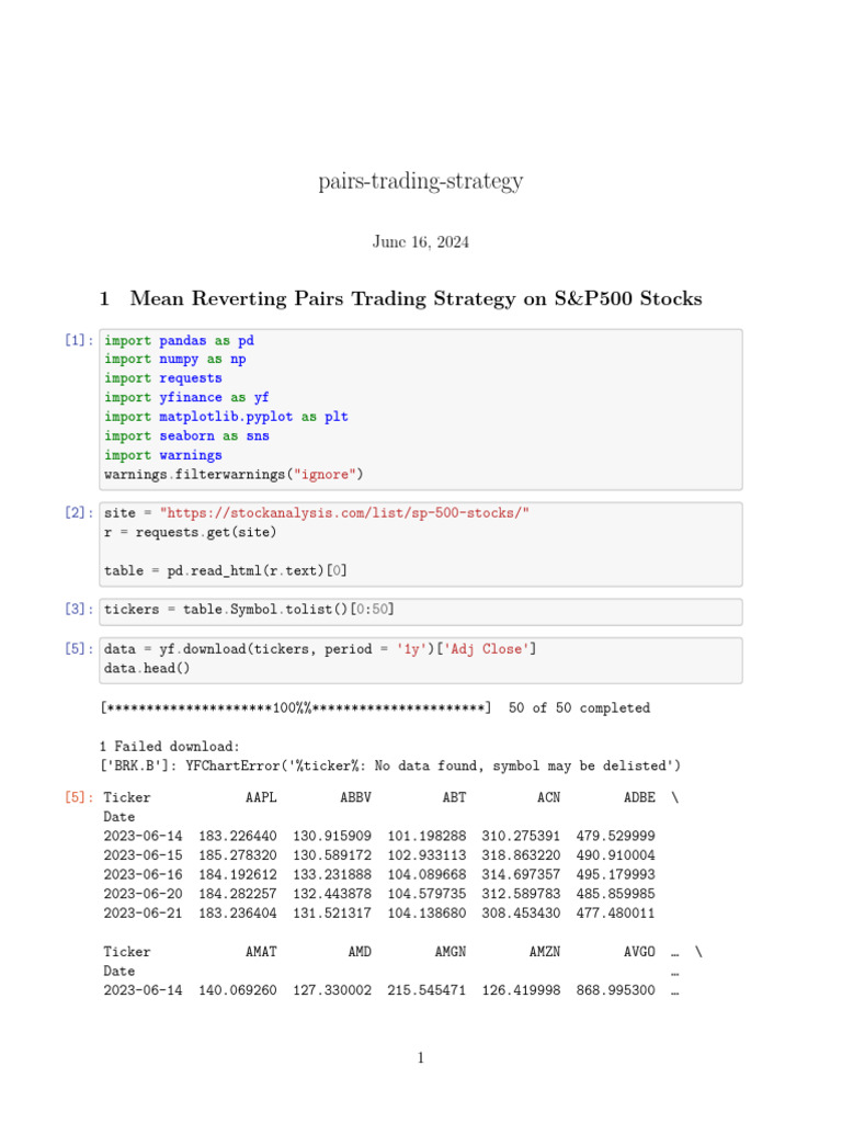 Mean Reverting Pairs Trading Strategy Using Python 1718554350632 | PDF | Stocks | Investing