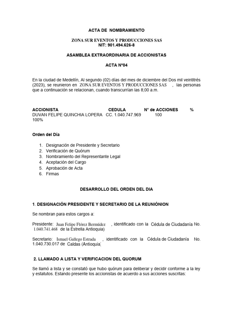Acta de Nombramiento Representante Legal | Descargar gratis PDF | Gobierno