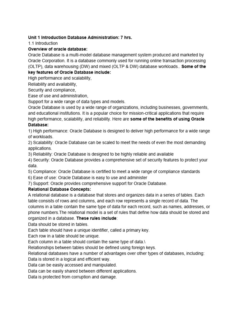 Unit 1 Introduction Database Administration: 7 Hrs. Overview of Oracle Database | PDF ...