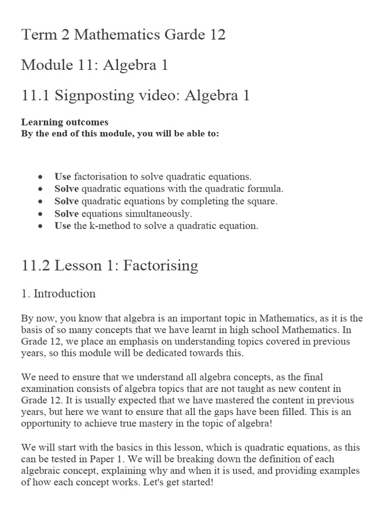 Term 2 Mathematics Garde 12 | PDF | Factorization | Equations