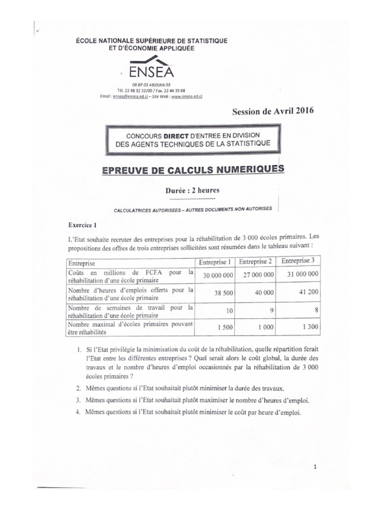 Sujets Calcul Numériques 1 | PDF