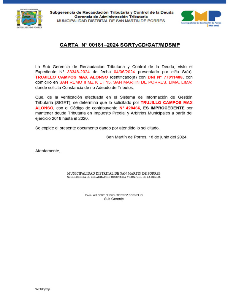 Carta #00181 - Trujillo Campos Max Alonso | PDF | Finanzas y dinero
