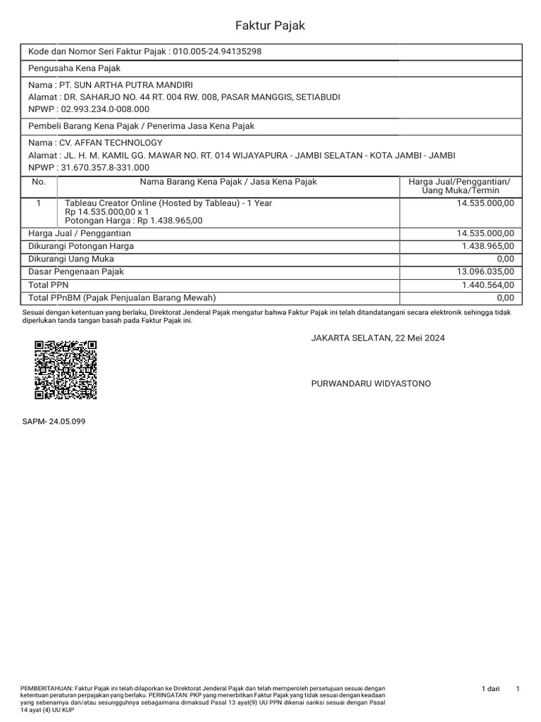 0100052494135298-Faktur Pajak CV Affan - SAPM-24.05.099 | PDF