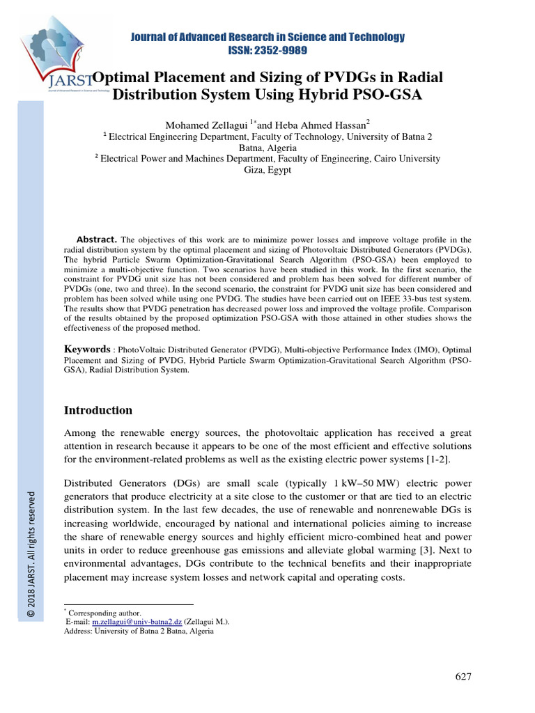 Optimal Placement and Sizing of Pvdgs in Radial Distribution System Using Hybrid Pso Gsa | PDF ...