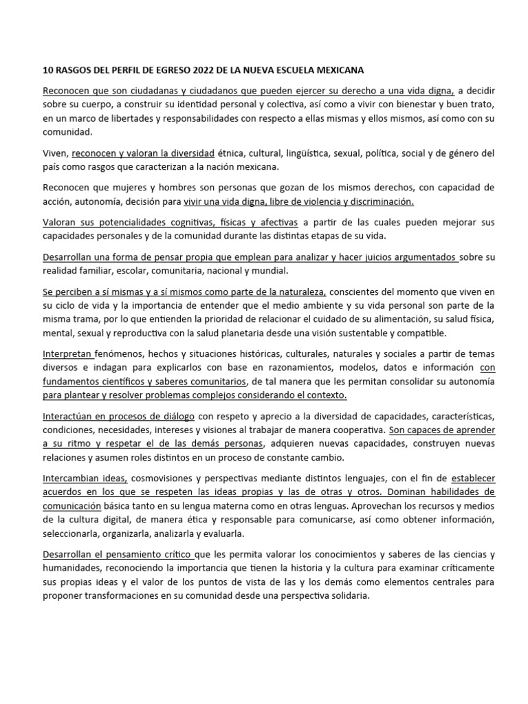 10 Rasgos Del Perfil de Egreso 2022 de La Nueva Escuela Mexicana | PDF ...