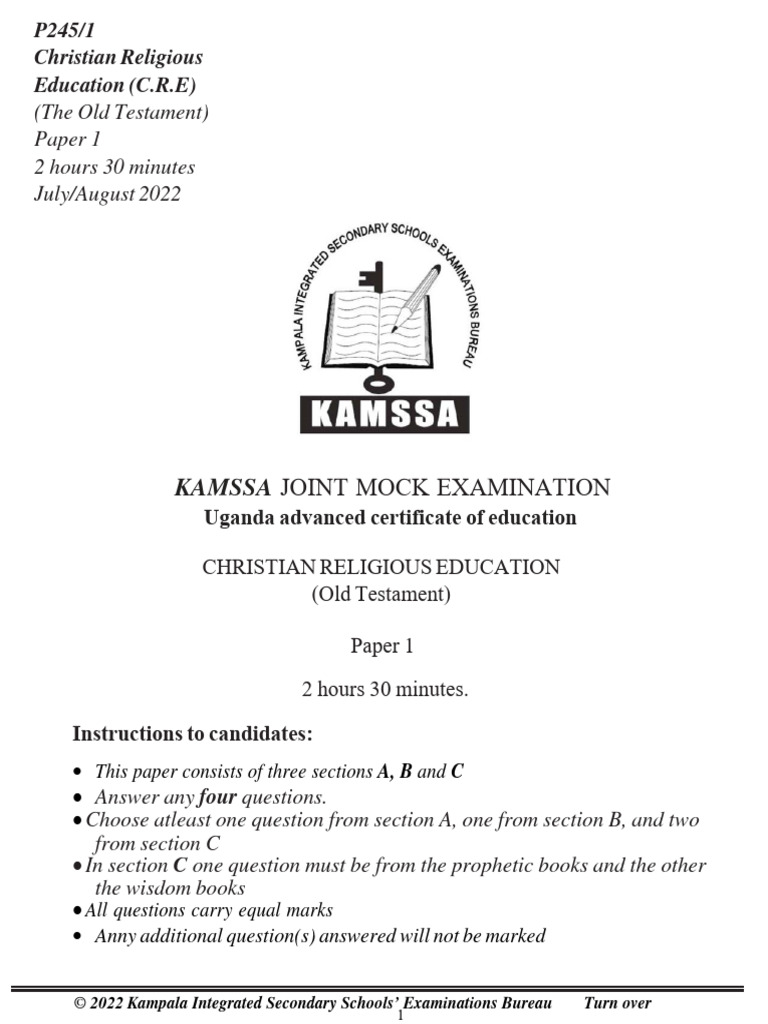 Kamssa Joint Mock Examination s.6 Christian Religious Education 2022 ...