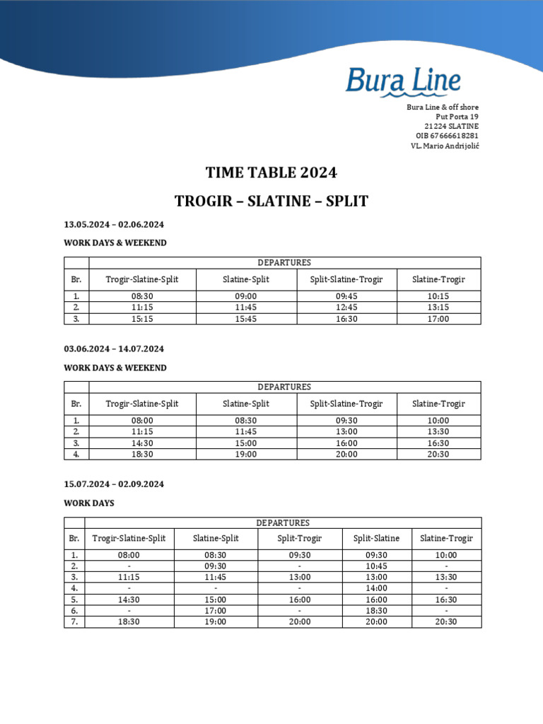 Timetable Trogir Slatine Split 2024 | PDF