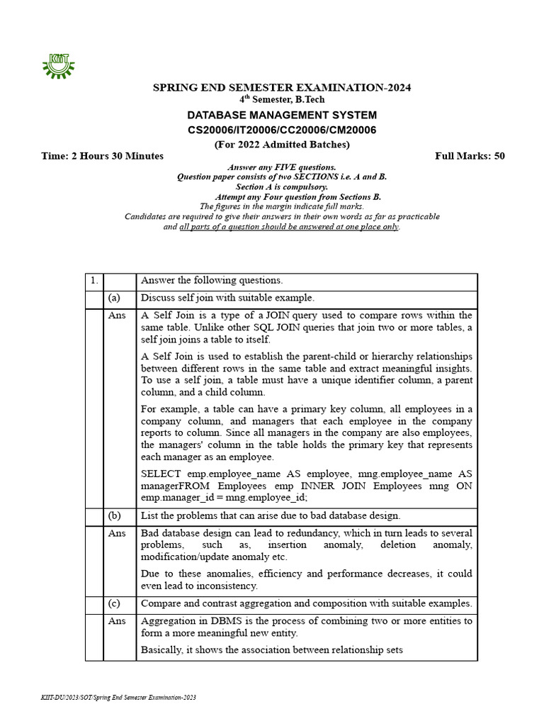 CS-20006 (DBMS) - CS - End - April - 2024 | PDF | Databases | Database Transaction