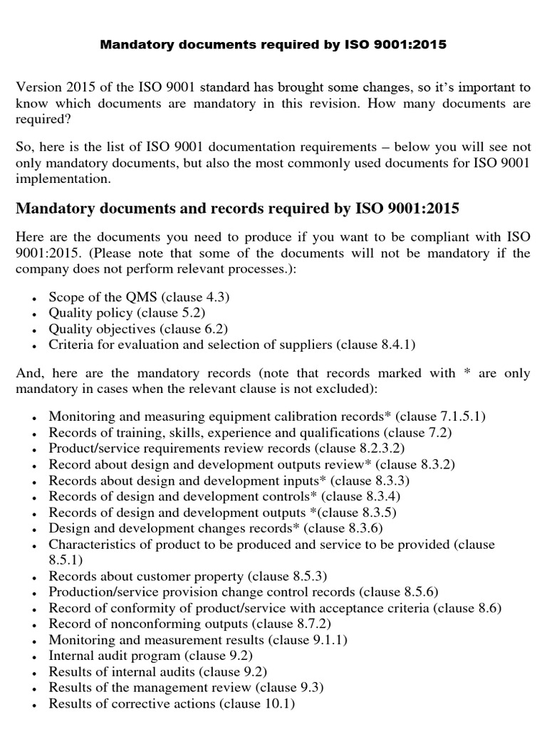 Mandatory Documents Required by ISO 9001 | Download Free PDF | Iso 9000 ...