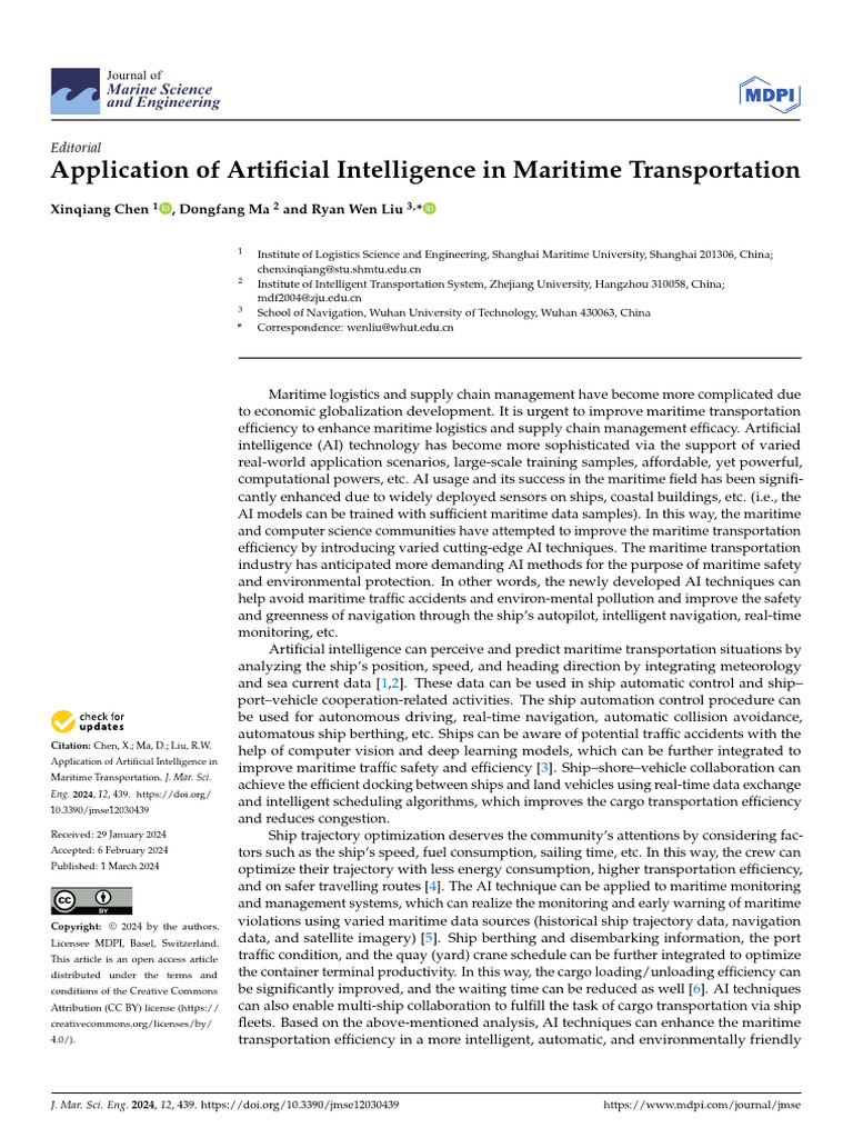 Application Of Artificial Intelligence In Maritime Transportation