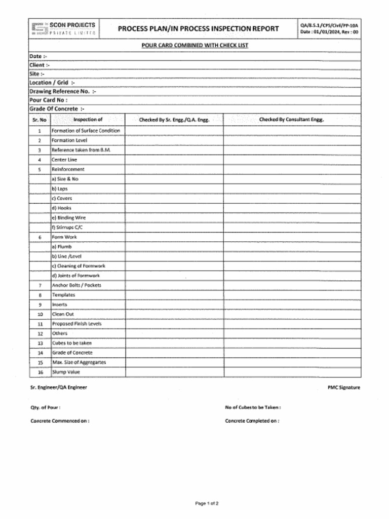 PP-10A - Civil Checklist - Concrete Pour Card | PDF