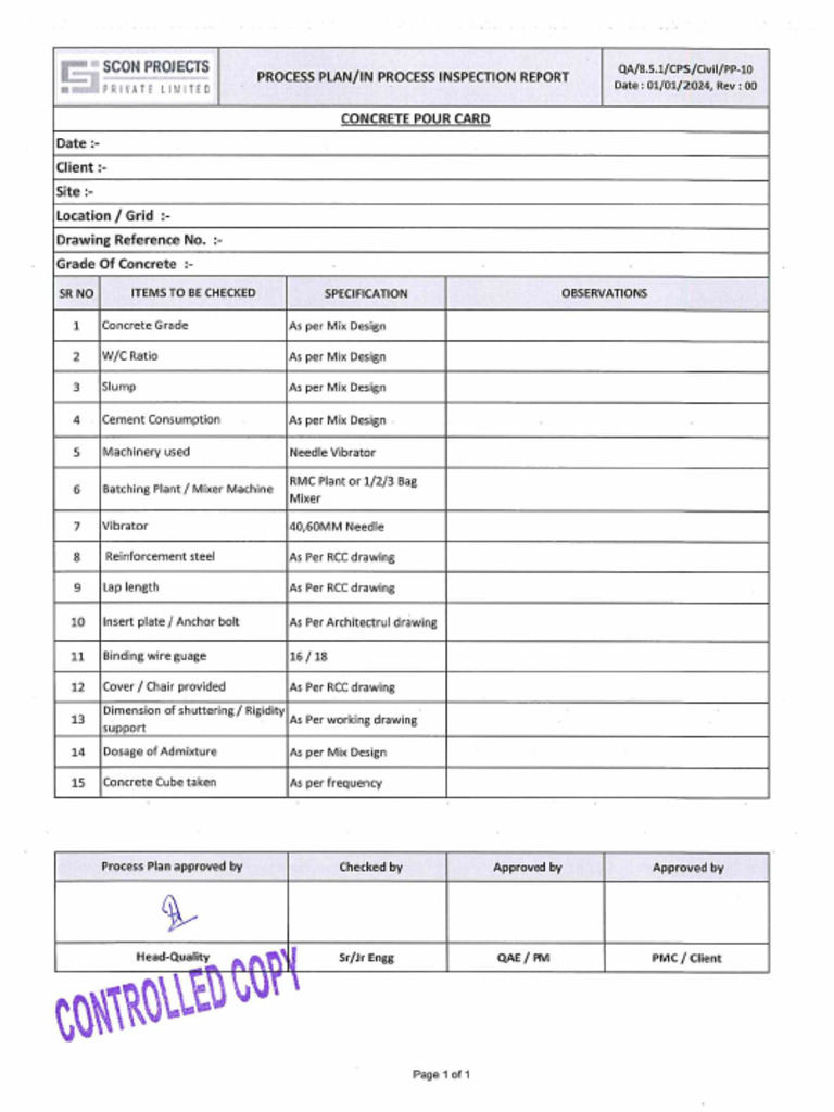 PP-10 - Civil Checklist - Concrete Pour Card | PDF