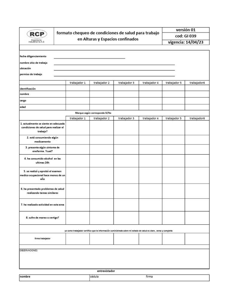 GI 039 Formato Chequeo Condiciones de Salud TA y EC | PDF