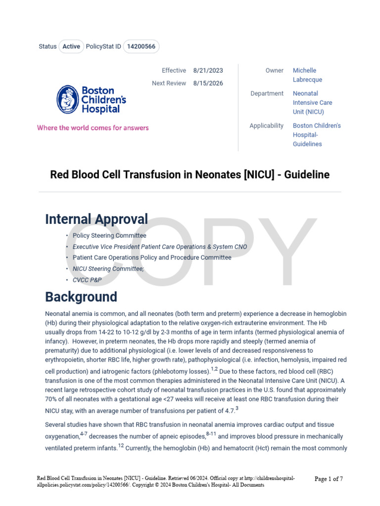 Neonatal RBC Transfusion Guidelines | PDF | Neonatal Intensive Care ...
