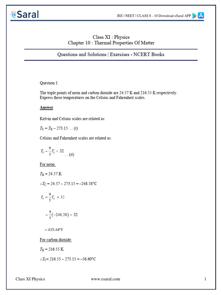 NCERT Solutions Class 11 Physics Chapter 10 Thermal Properties of Matter PDF | PDF | Thermal ...