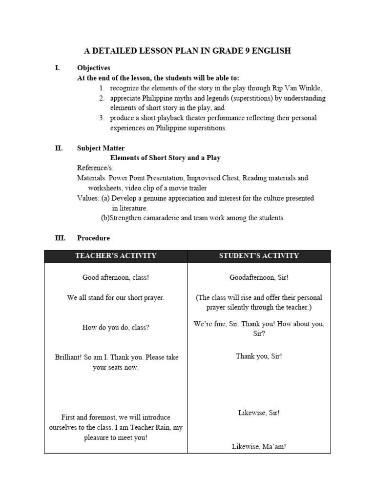 A Detailed Lesson Plan in Grade 9 Englis | Download Free PDF | Rip Van ...