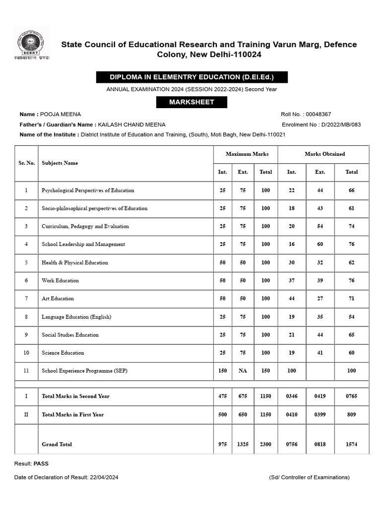 D.El.Ed Second Year Marksheet 2024 | PDF