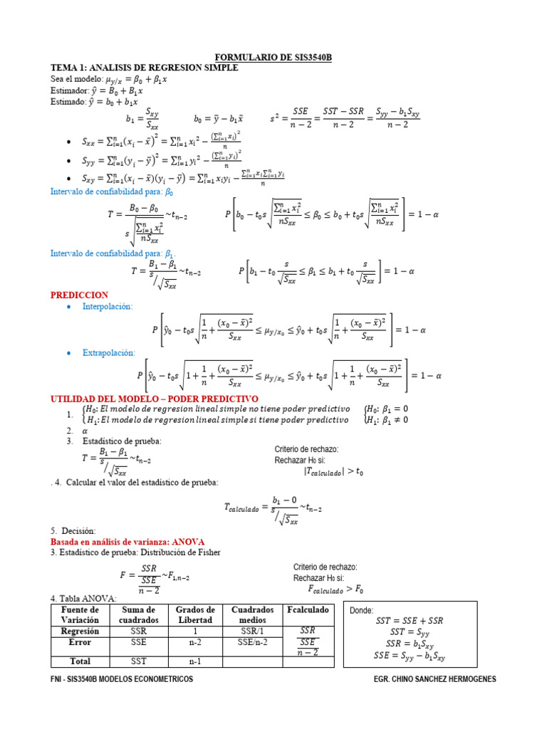 Formulario de Sis3540b | PDF | Análisis de variación | Teoría estadística