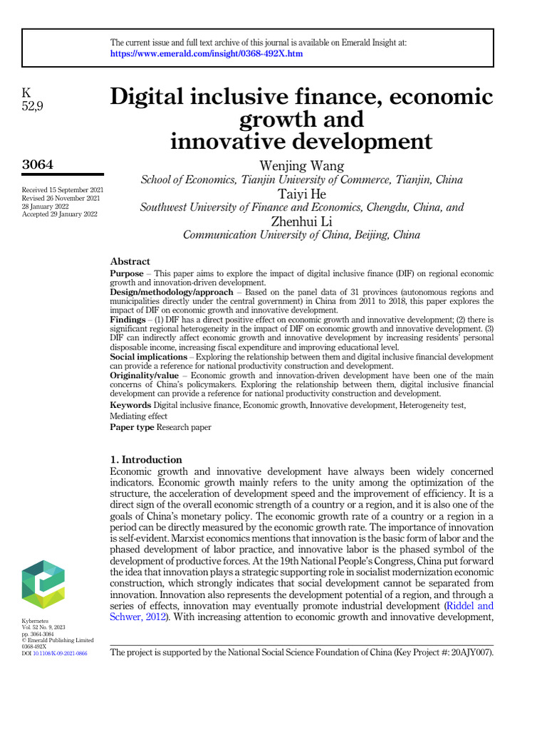 Digital Inclusive Finance, Economic Growth and Innovative Development ...
