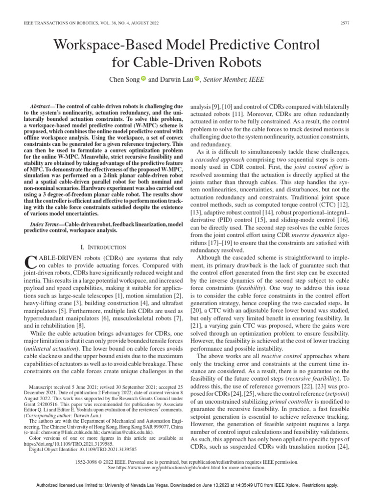 Workspace Based Model Predictive Control For Cable Driven Robots Pdf Mathematical