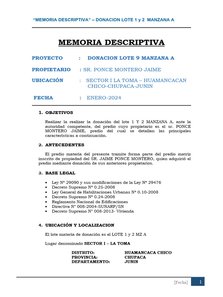 MEMORIA DESCRIPTIVA Lote 1 y 2 MANZANA A | PDF