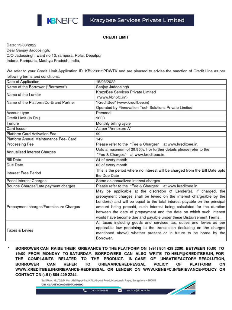 KB220315PRWTK - Sanction Letter | PDF | Credit Card | Interest