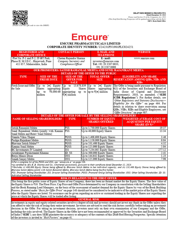 Emcure DRHP | PDF | Stocks | Investing