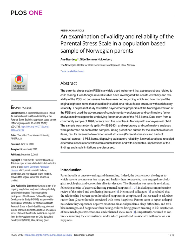 An examination of validity and reliability of the | PDF | Parenting | Stress (Biology)