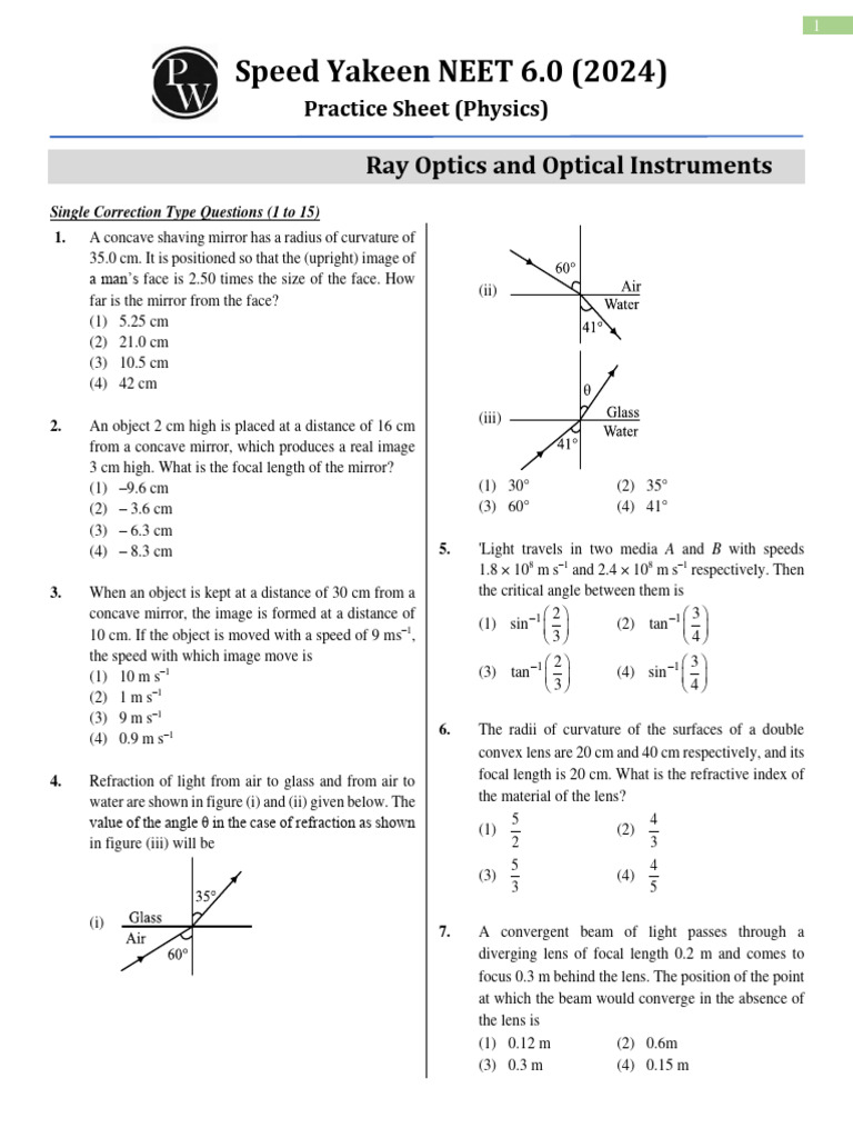 Ray Optics and Optical Instruments Practice Sheet Yakeen NEET 6 | PDF | Rainbow | Optics