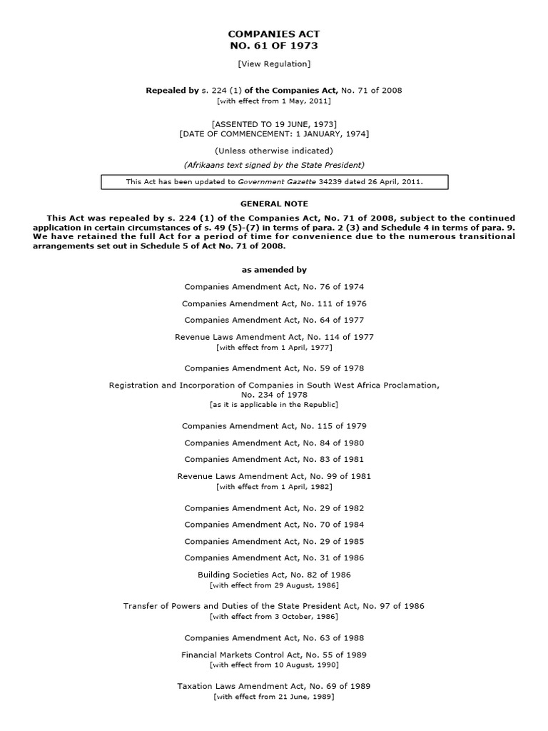 Companies Act No. 61 of 1973 | PDF | Liquidation | Private Law