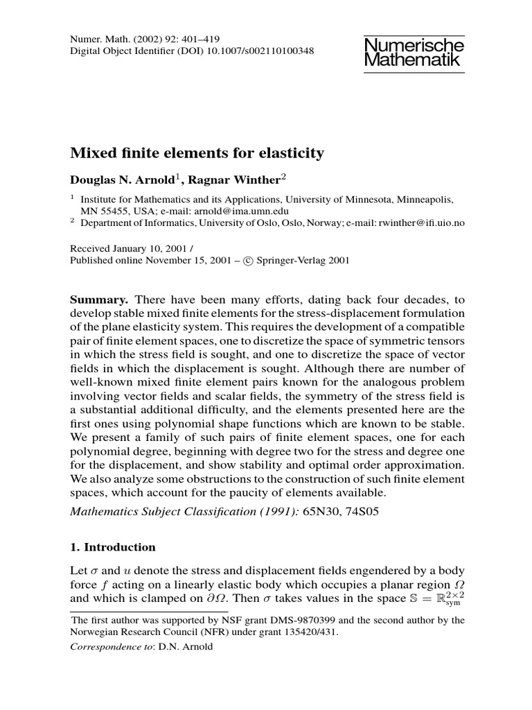 2002 Arnold Mixed Finite Elements For Elasticity Pdf Finite Element Method Field Mathematics