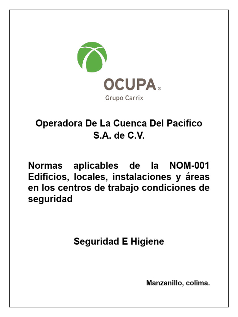 Normas aplicables de la NOM-001 Edificios, locales, instalaciones y áreas en los centros de ...