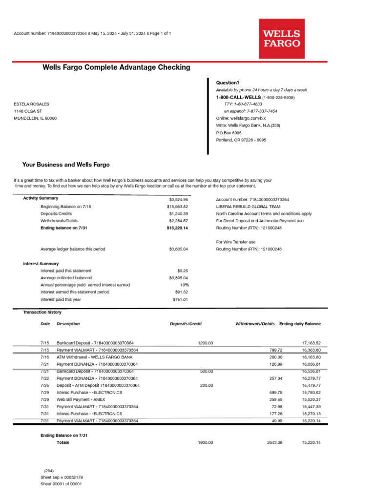 Wells Fargo - XLSX - Sheet1 | PDF | Banks | Debits And Credits