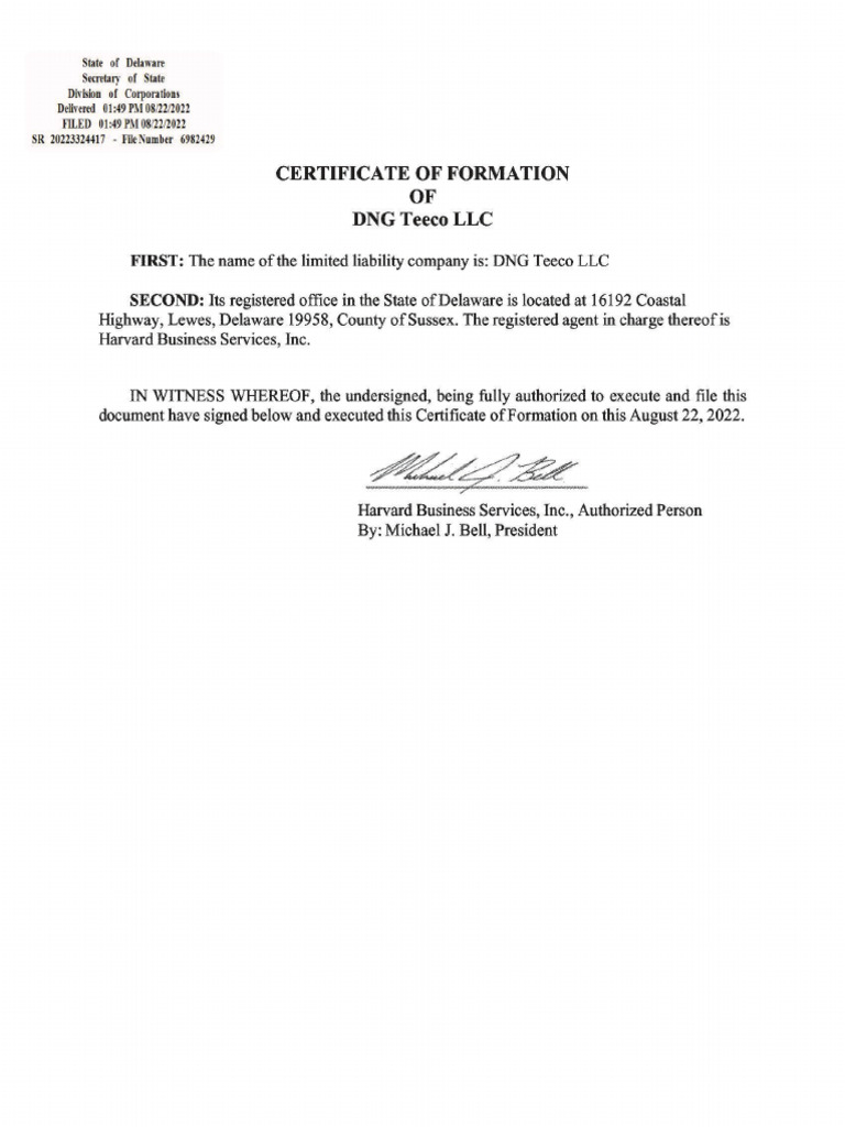 Certificate of Formation | PDF