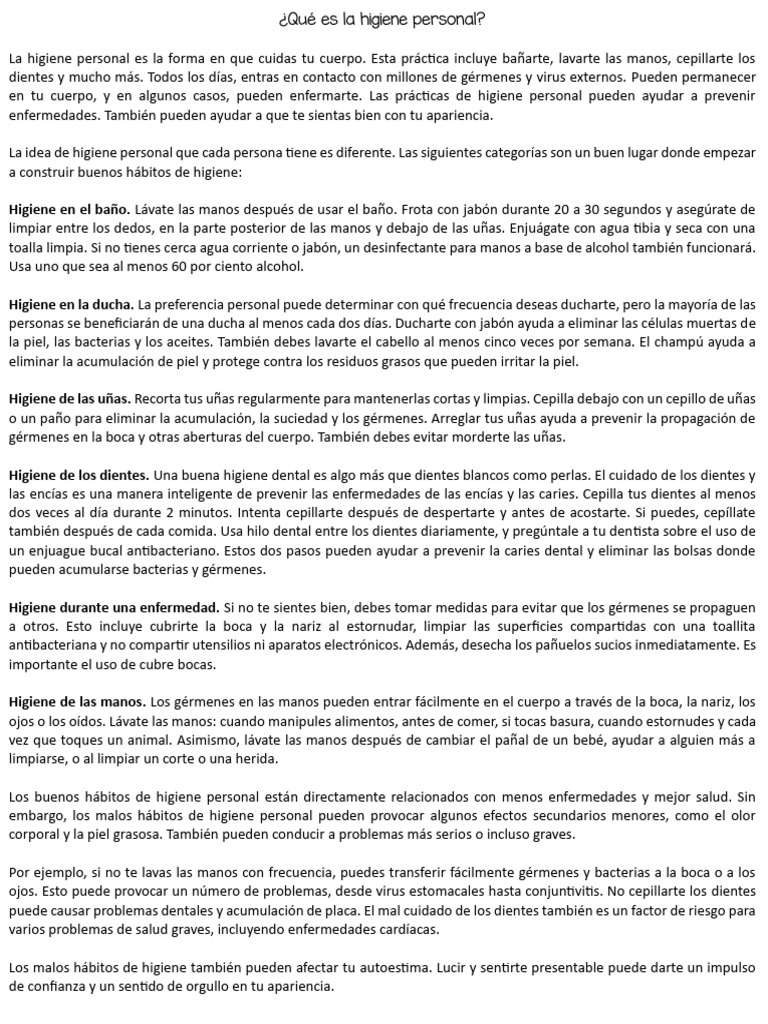 Higiene Personal Lectura PDF Higiene Higiene Oral