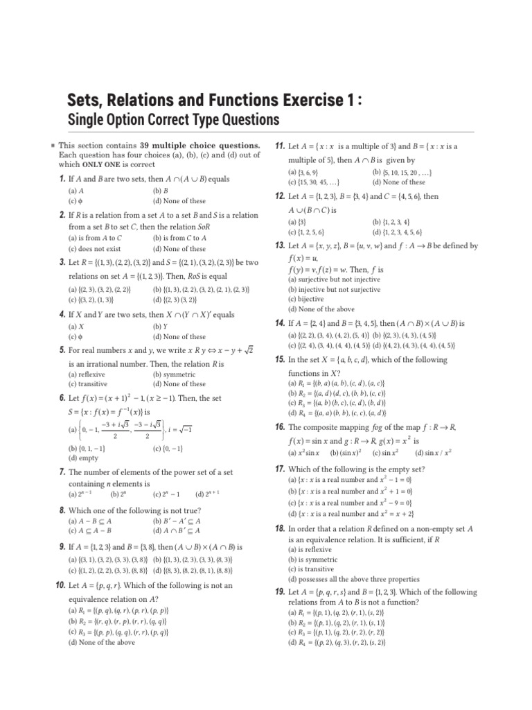 Sets Relations and Functions Exercises | PDF | Function (Mathematics ...