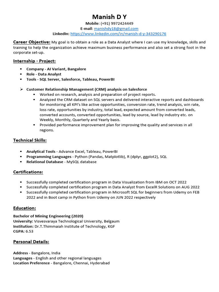 Manish DA Resume | PDF | Business