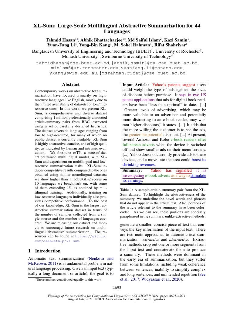 XL-Sum Large-Scale Multilingual Abstractive Summarization For 44 Languages | PDF | Information ...