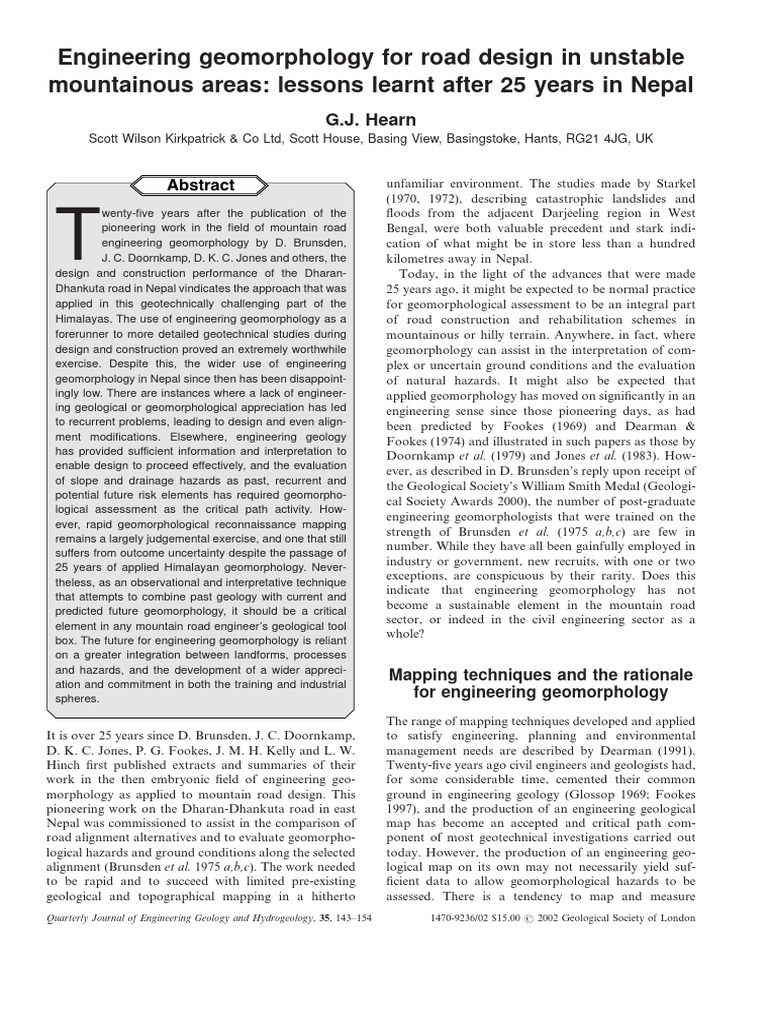 Engineering Geomorphology For Road Design in Unstable Mountainous Areas ...