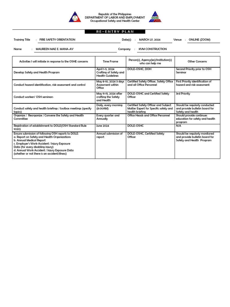 FSO_Re-entry Plan (MAUREEN MAE MANA-AY) | PDF | Occupational Safety And Health | Safety