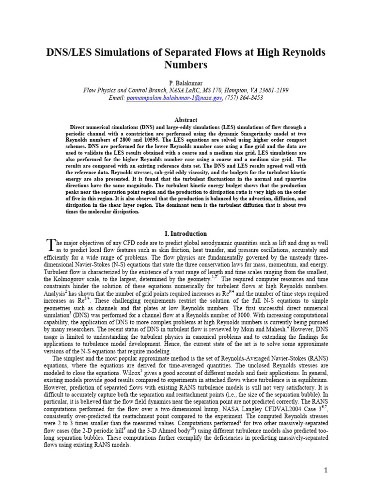 DNS/LES Simulations of Separated Flows at High Reynolds Numbers | PDF ...